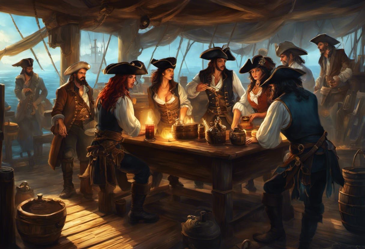 A HD digital painting depicting a hidden pirate dock with sailing ships ...