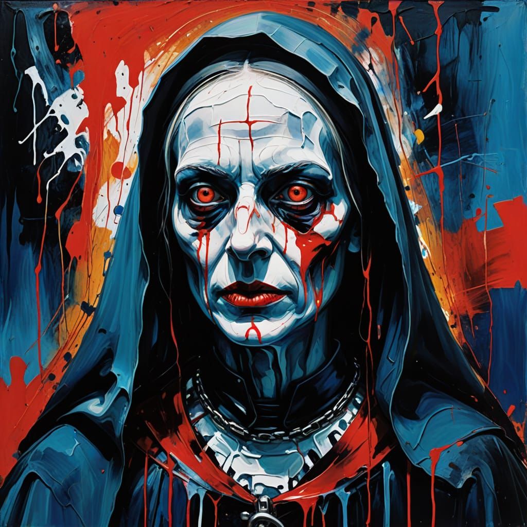 Horror nun, Abstract painting, red and blue lines, white smeared paint ...