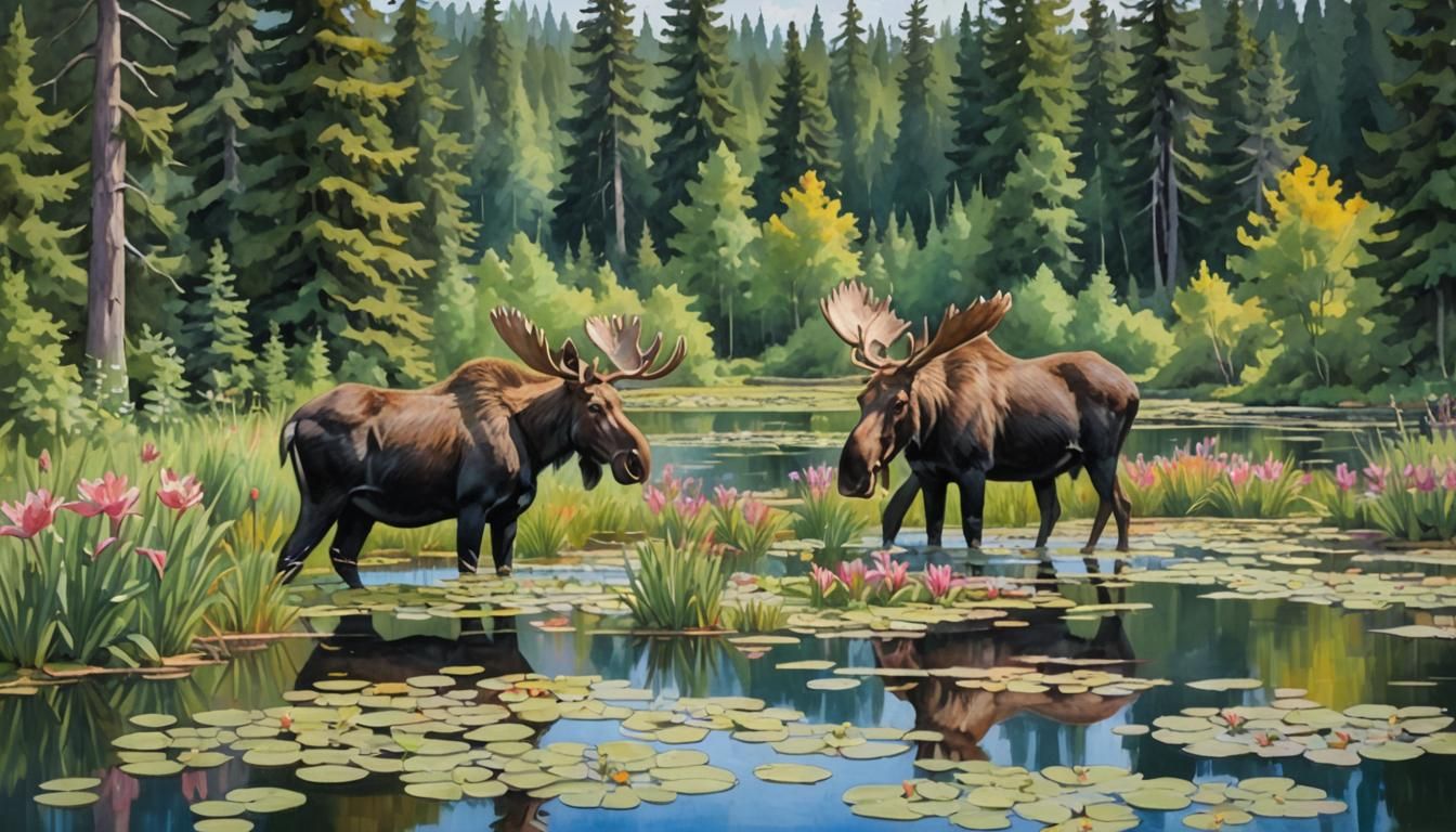 Moose grazing in a lily pond with the forest in the background, "in ...