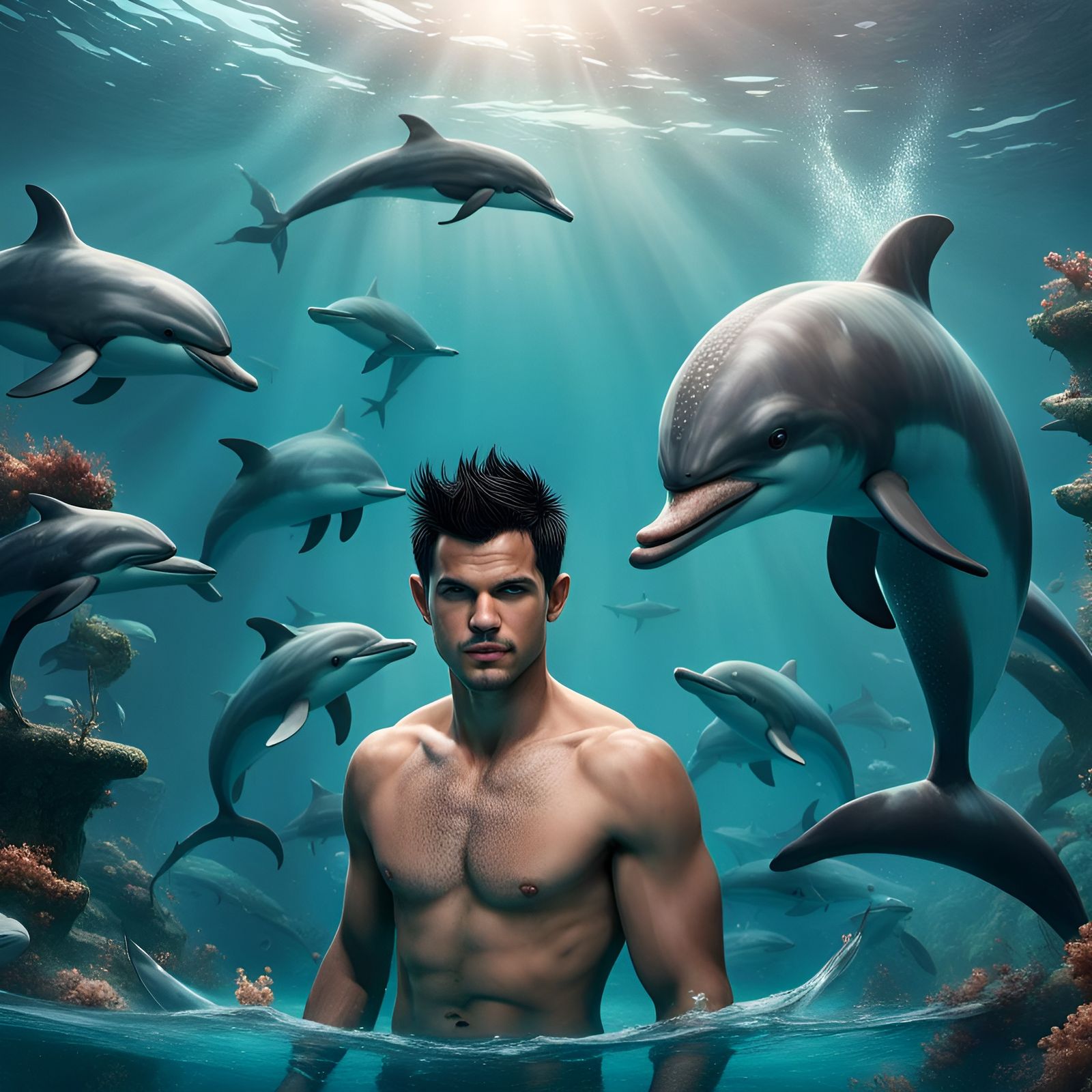 Taylor Lautner as a merman swimming with dolphins. - AI Generated ...