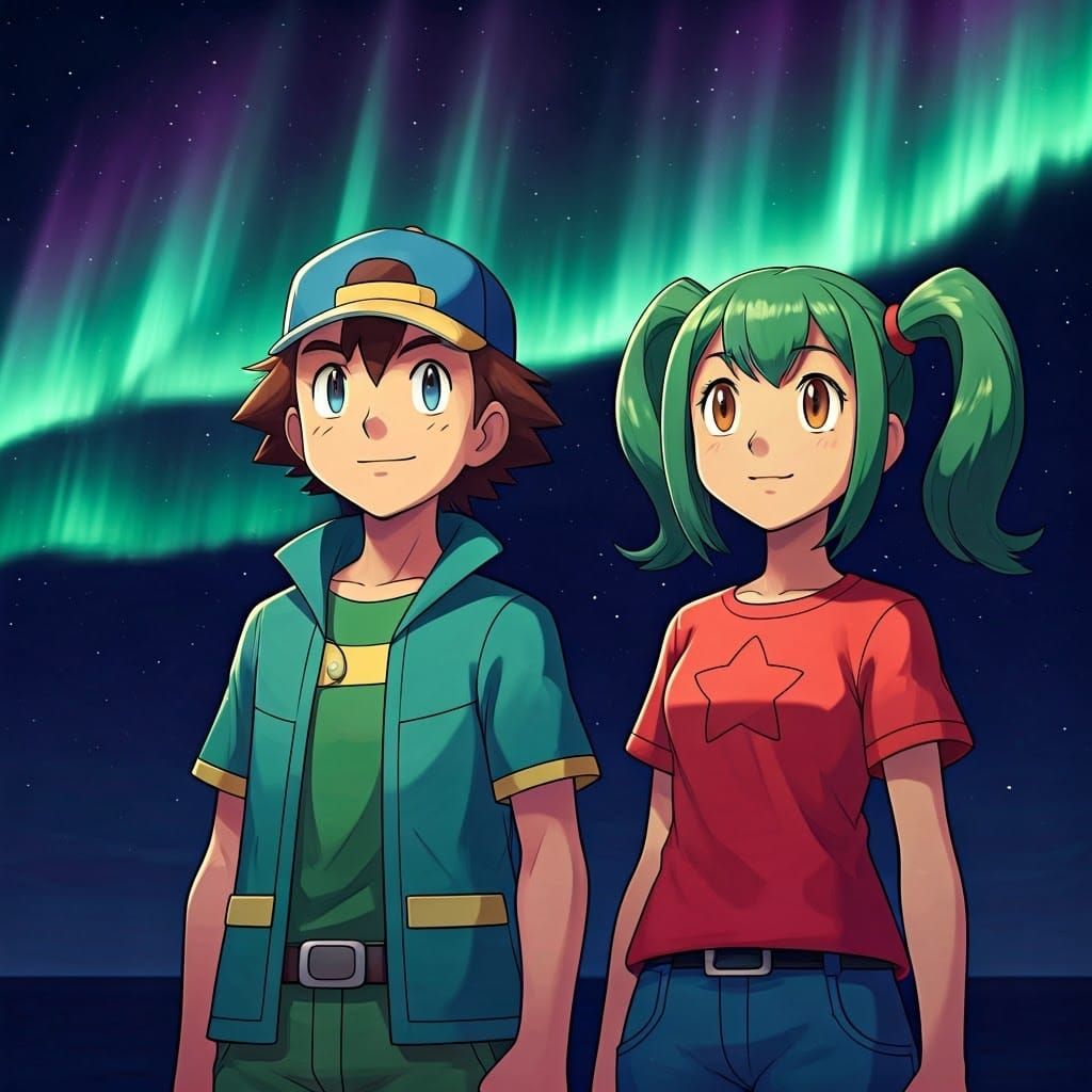 Ritchie and Duplica happily watch the aurora in the sky together