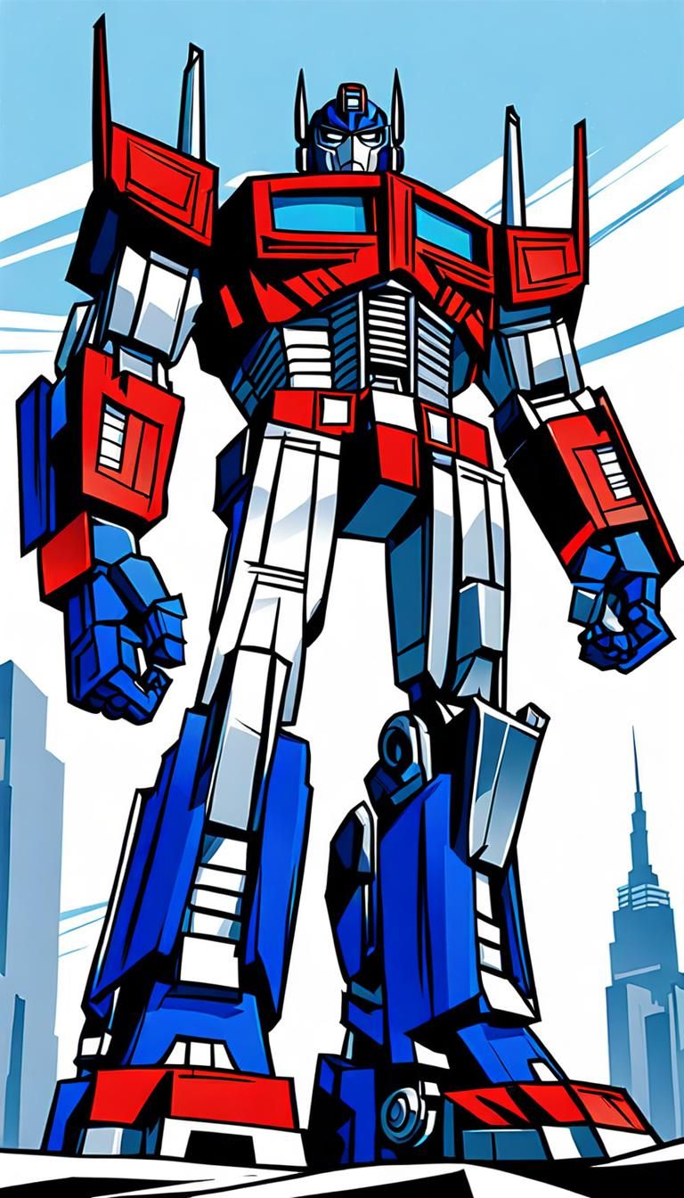 Optimus Prime cartoon version standing tall is seen from the bottom up ...