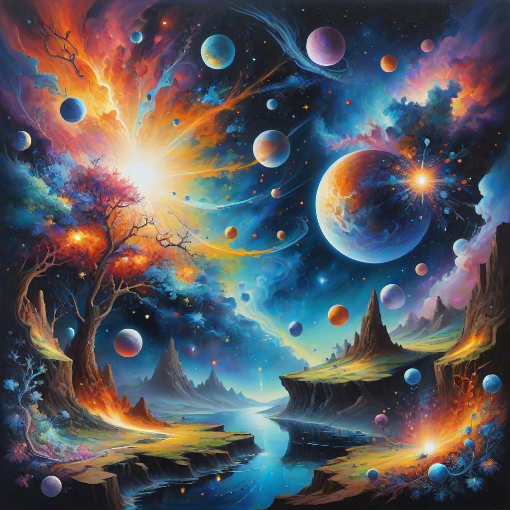 Hyperdetailed Metaphysical Painting, cosmic surrealism, glowing abstract, dreamlike symbolism.