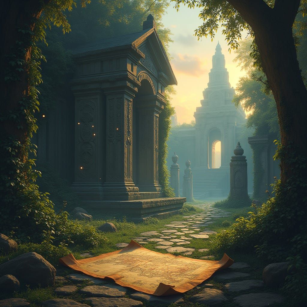 Ancient Temple Shrouded in Mist and Golden Light - AI Art