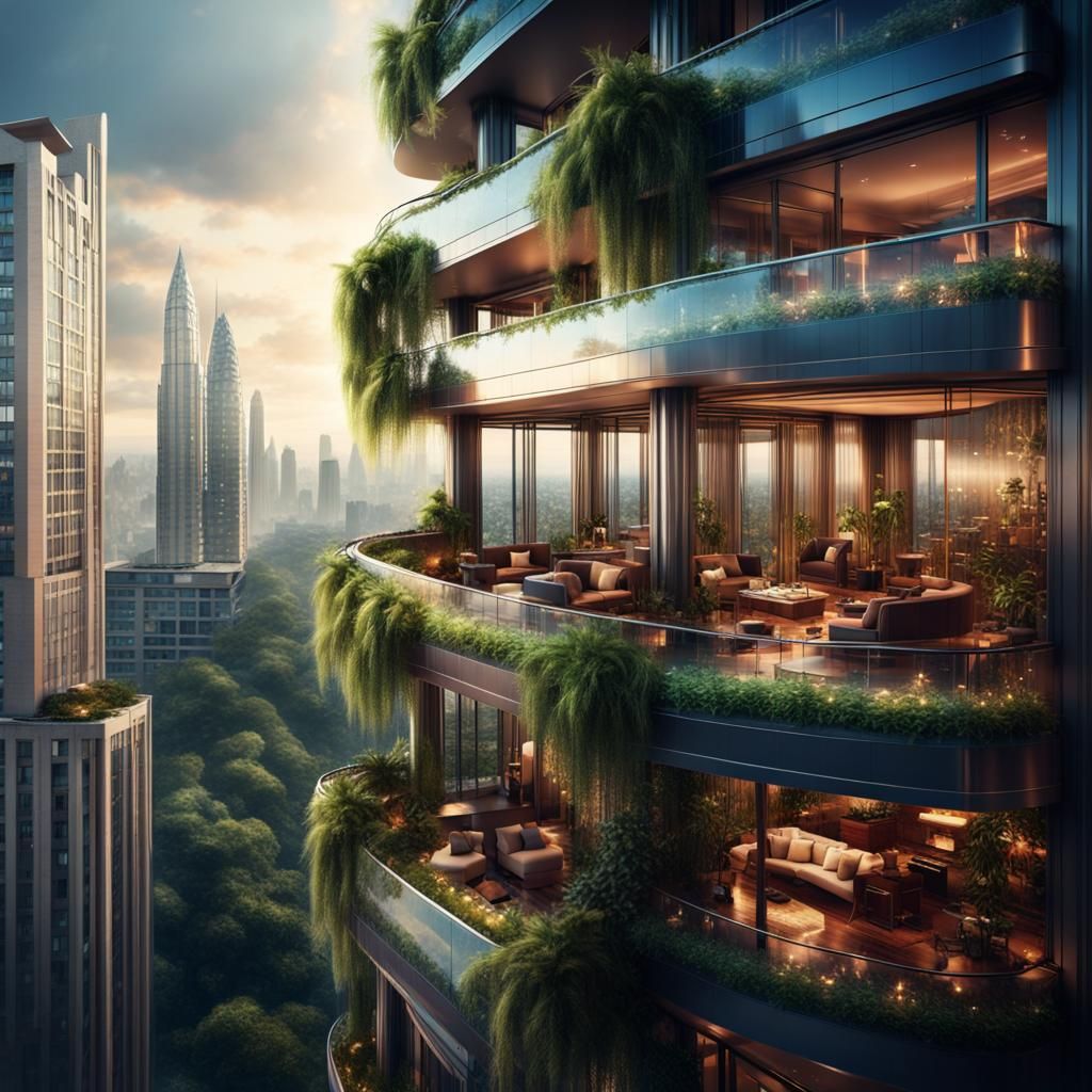 detailed high-rise luxury hotel, glass windows, shiny metal, terrace ...