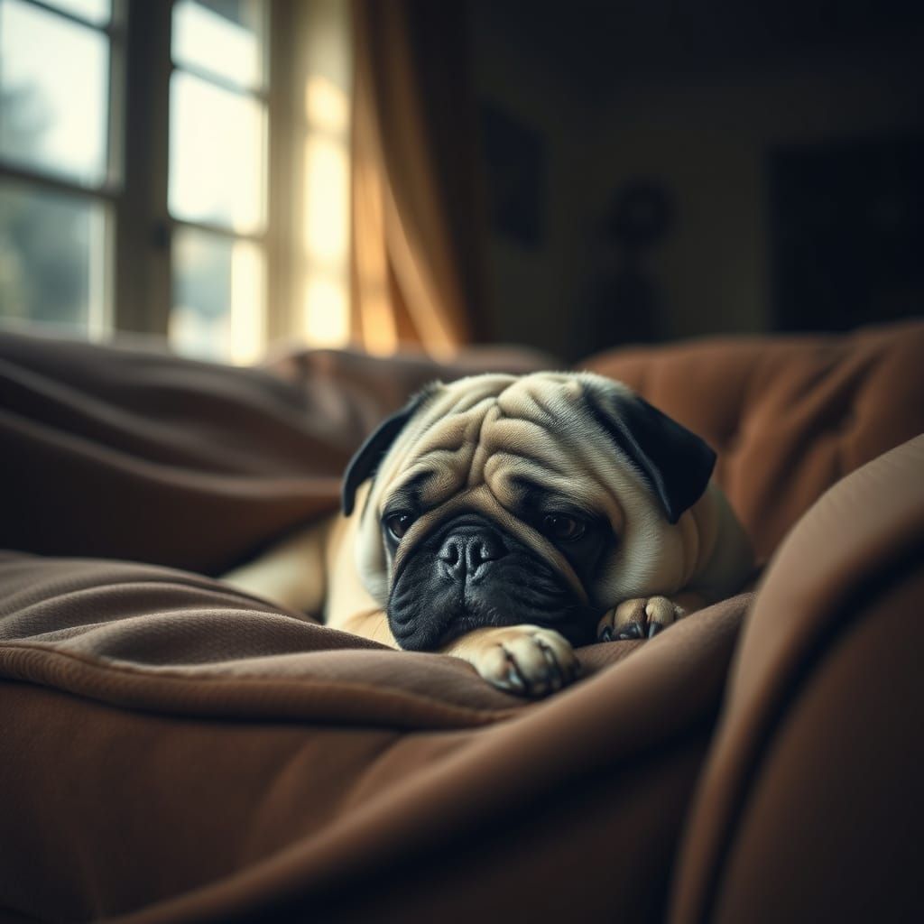 A pug dog feeling depressed and very sad being left home alone all day ...
