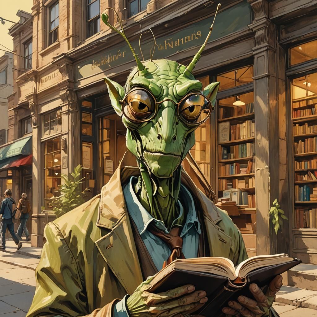 A wise old praying mantis holding a book, in front of a bookstore
