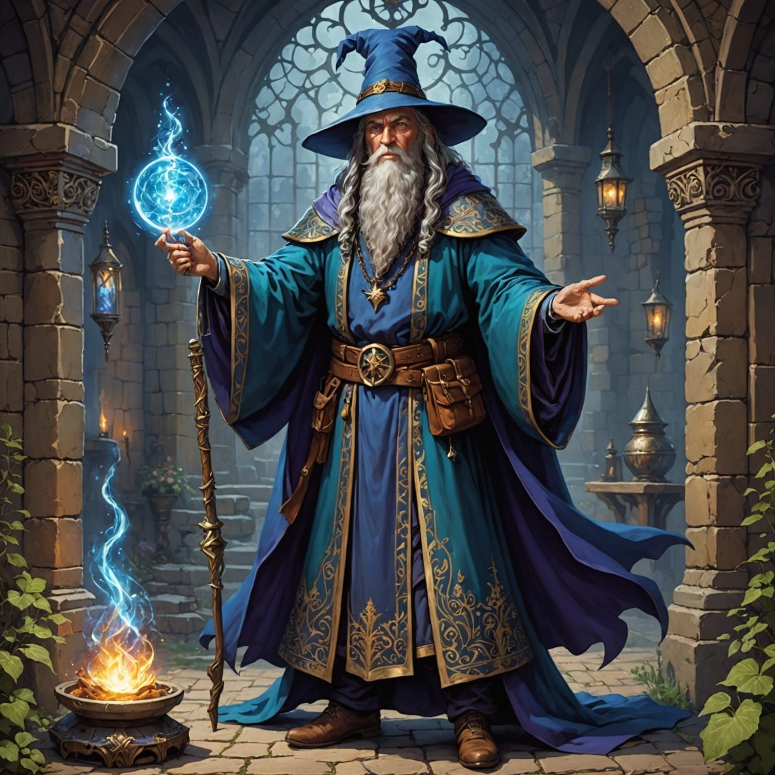 Considering The Spell - Medieval Wizard Contemplates Elegant...