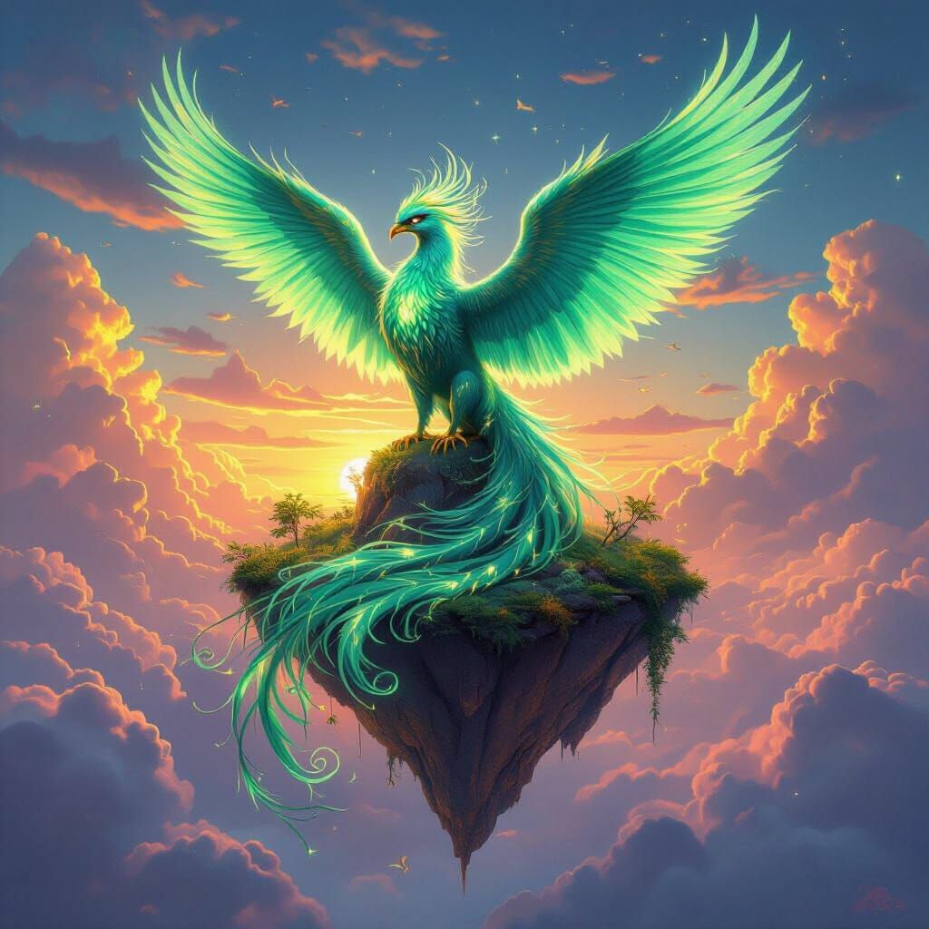 Bioluminescent Emerald Phoenix on Floating Island ... - AI Art