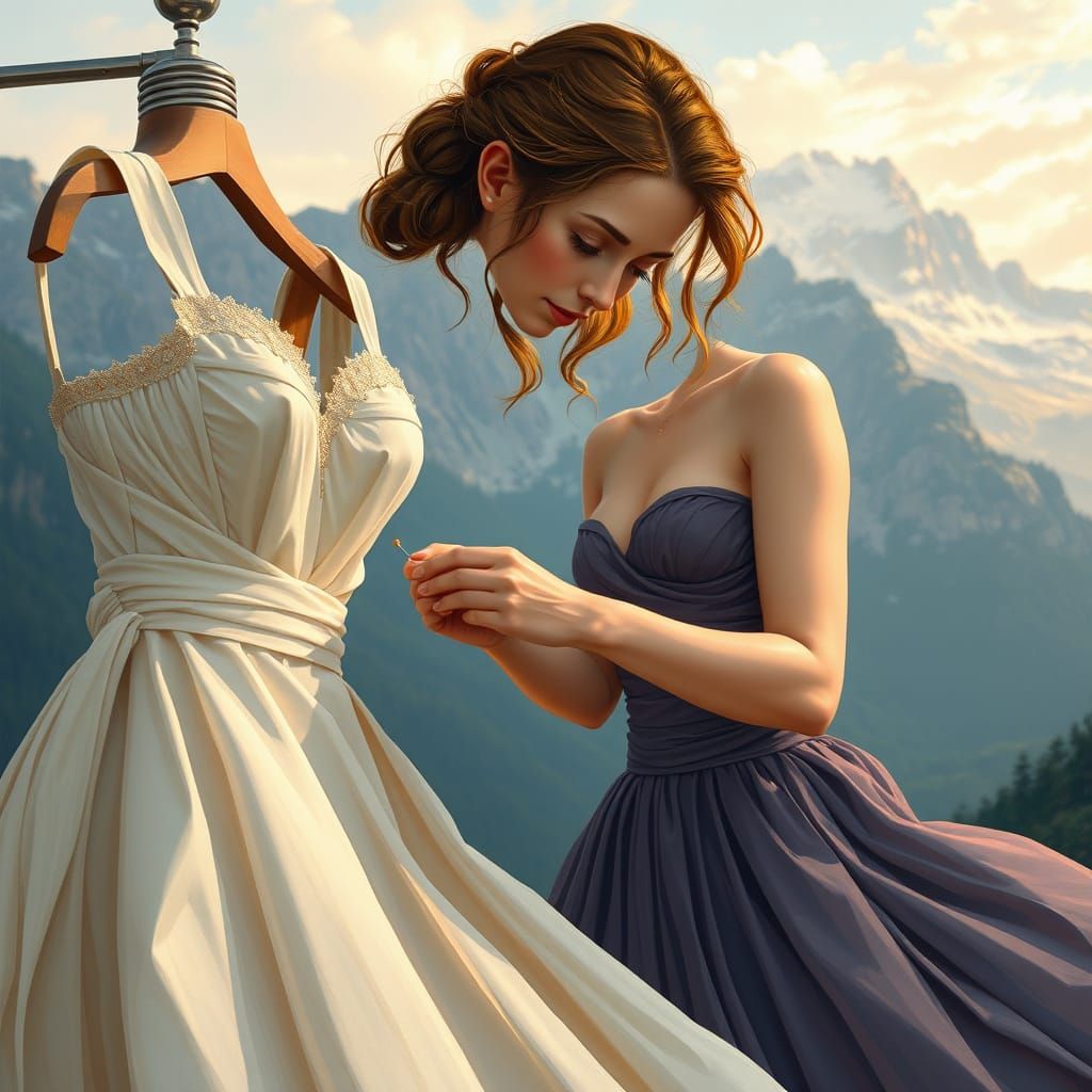 Dressmaker Adjusting Dress with Mountain Backdrop - AI Art