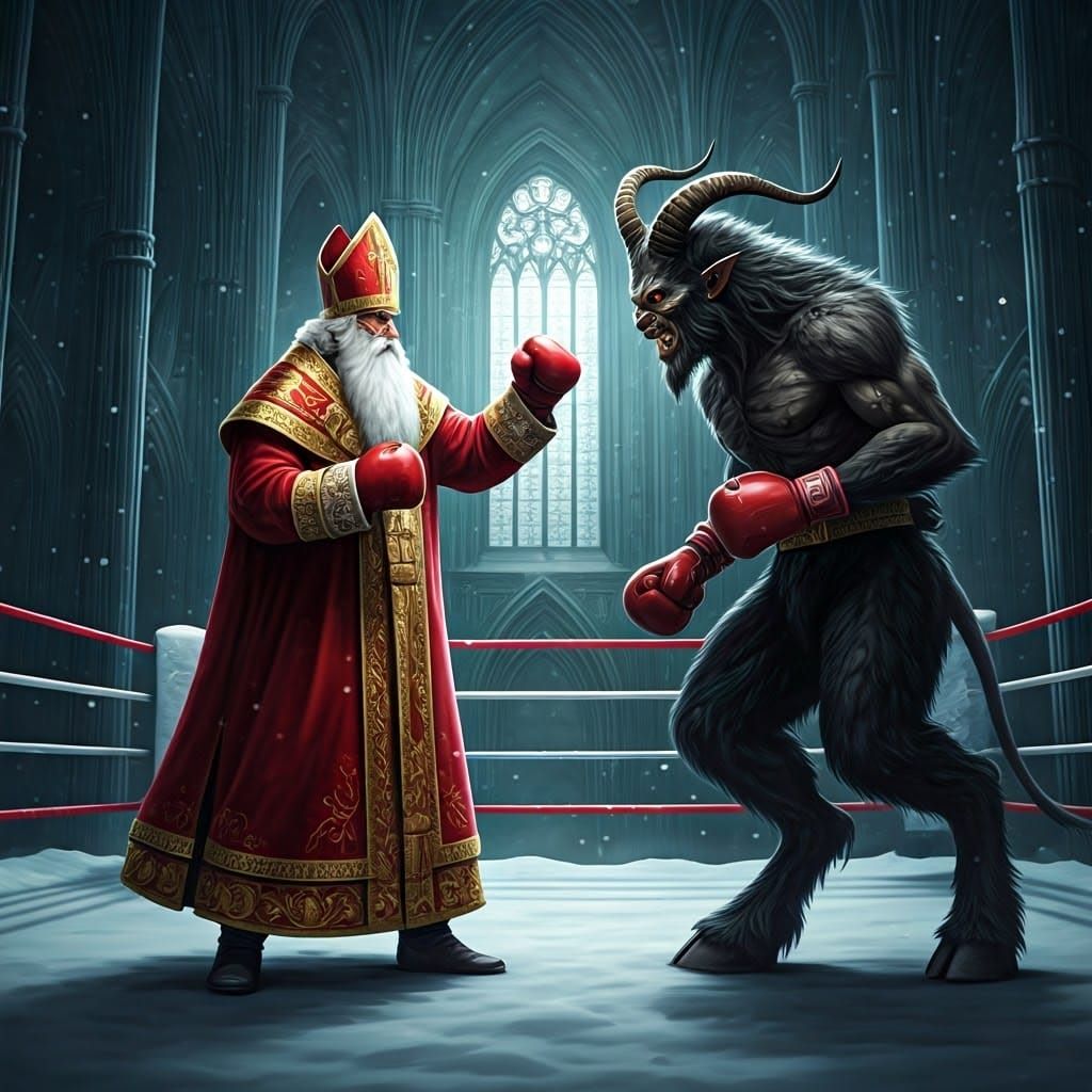 Saint Nicholas vs. Krampus in a Fantastical Boxing... - AI Art