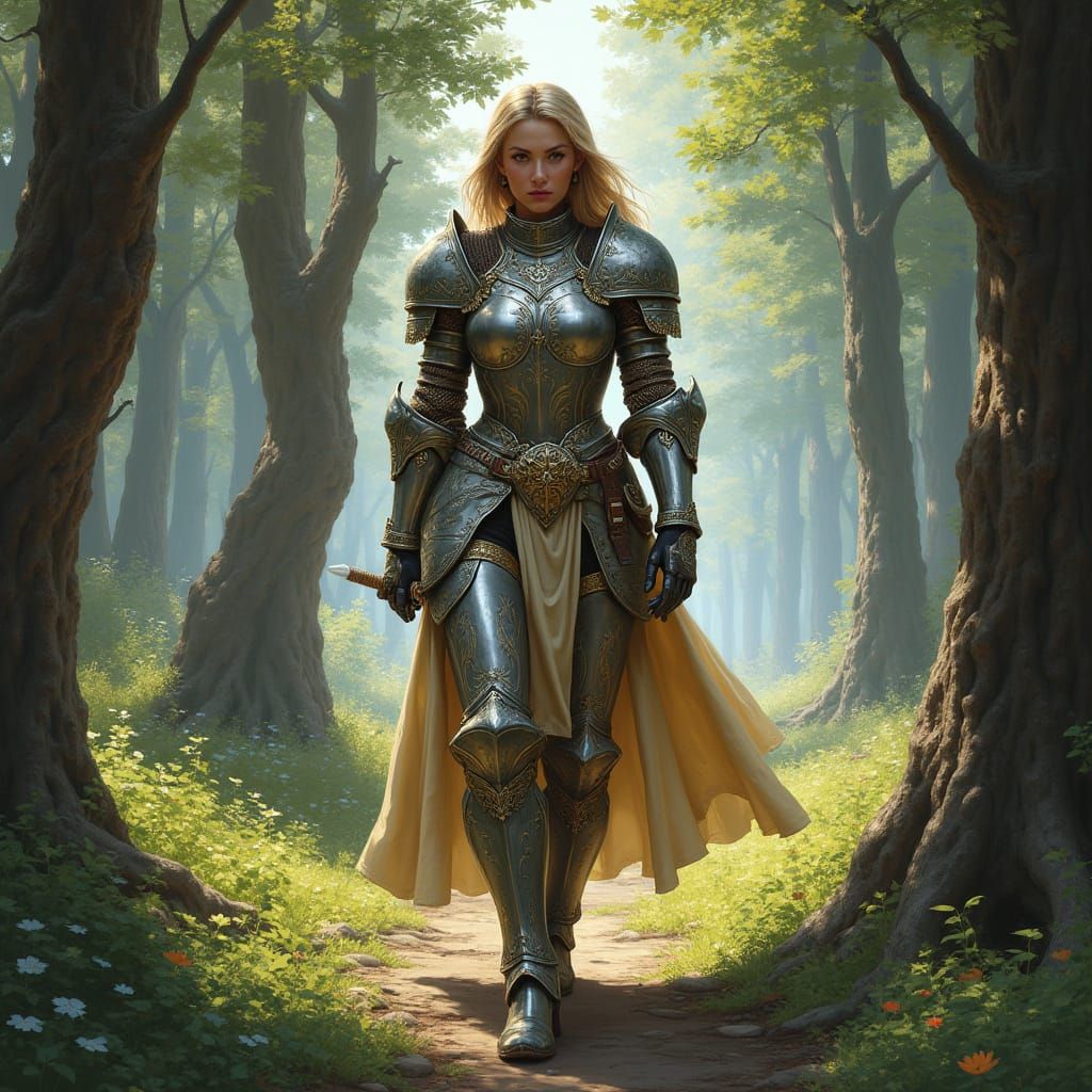 Elegant Paladin Emerges from Mystical Forest - AI Art