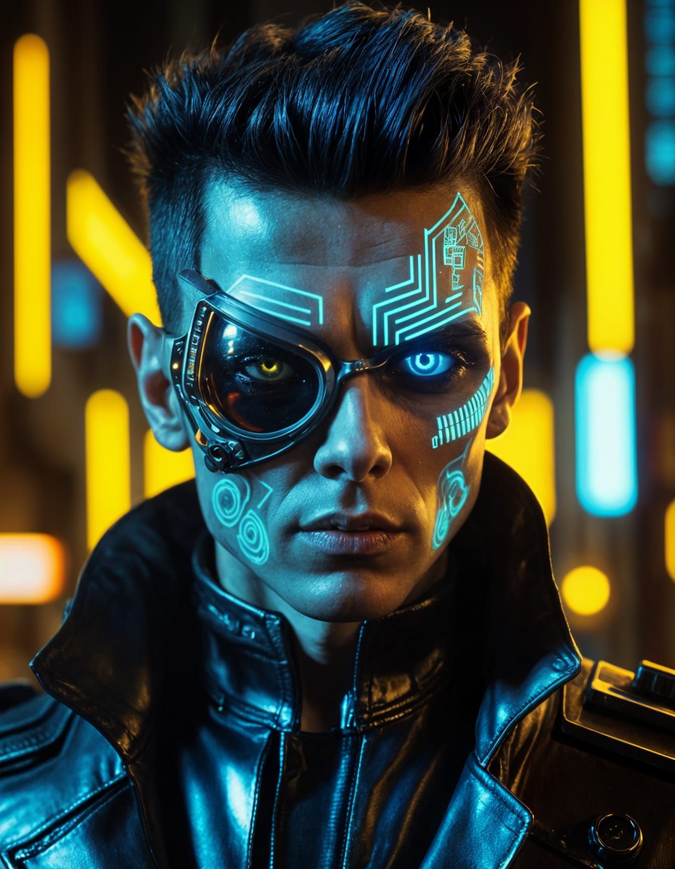 Cyberpunk techman with a bionic eye and holographic tattoos.