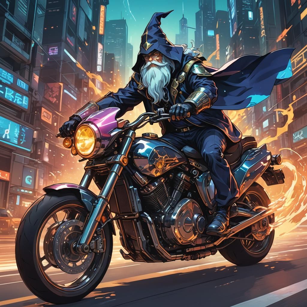 A wizard riding a futuristic motorcycle. Masterpiece, Best Quality ...