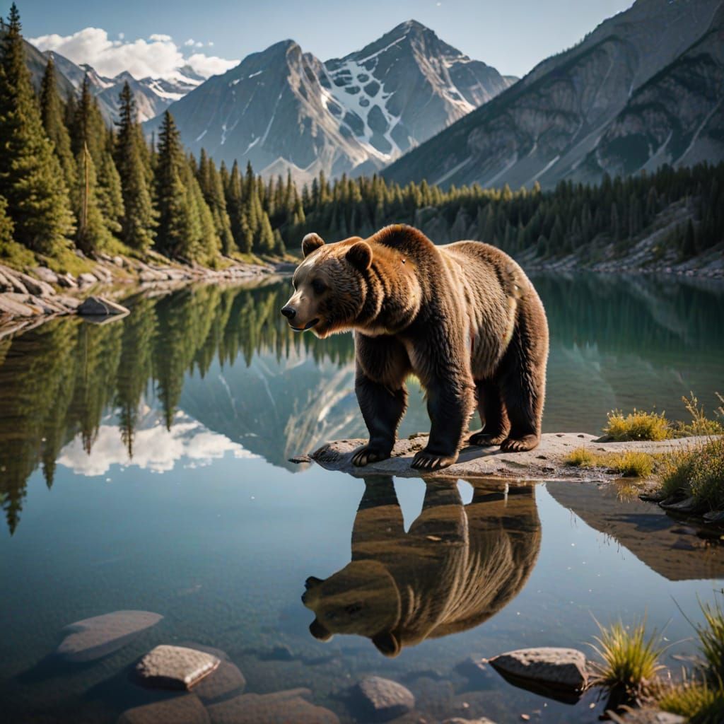 Bear Reflection - Bear Silhouette in Majestic Lake Reflectio...