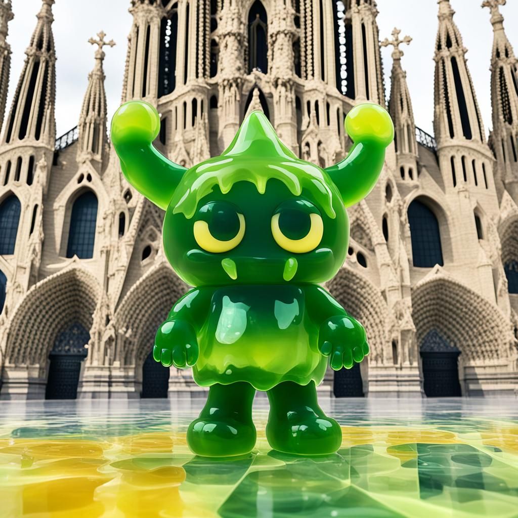 green monster made of translucent jelly standing in front of the ...