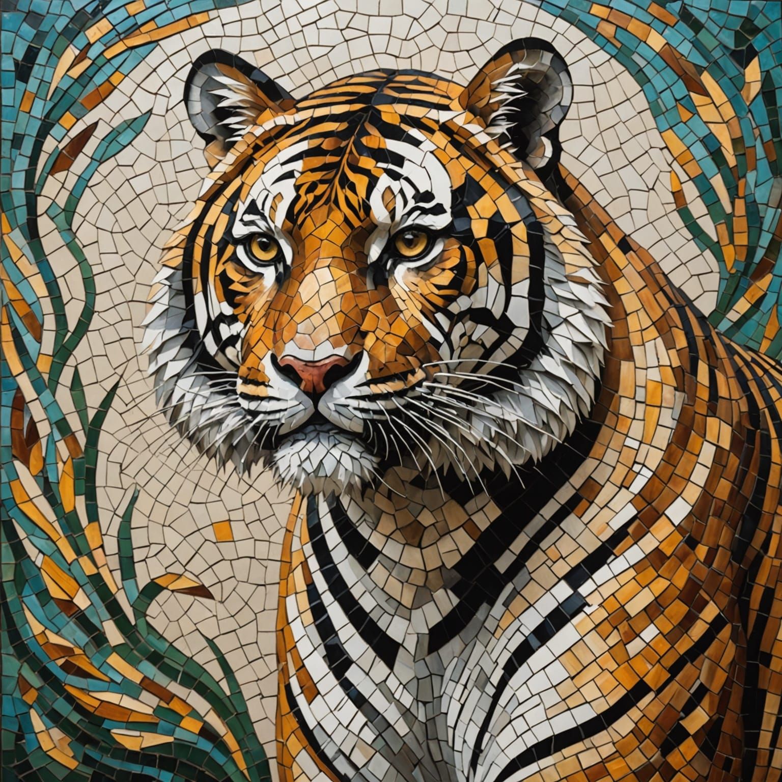 Realistic oil painting. A wall mosaic depicting a tiger. The mosaic ...