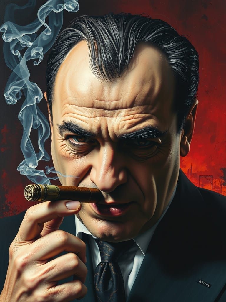 Hyperdetailed oil painting portrait Al Capone. He smoke cigare in hell ...