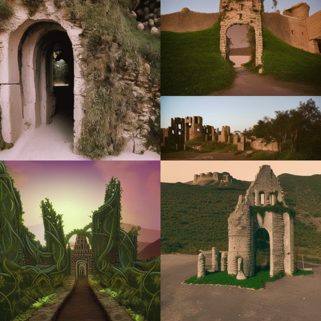 Ruins of a medieval castle+Monolith in the desert+Cyborg bartender ...