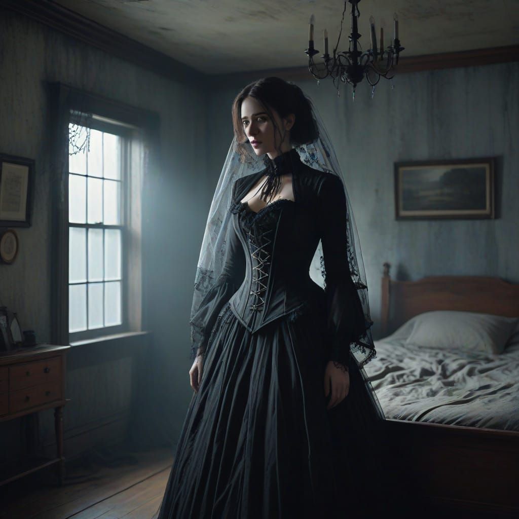 A haunting gothic ghost girl with tattered, Victorian-era attire and ...