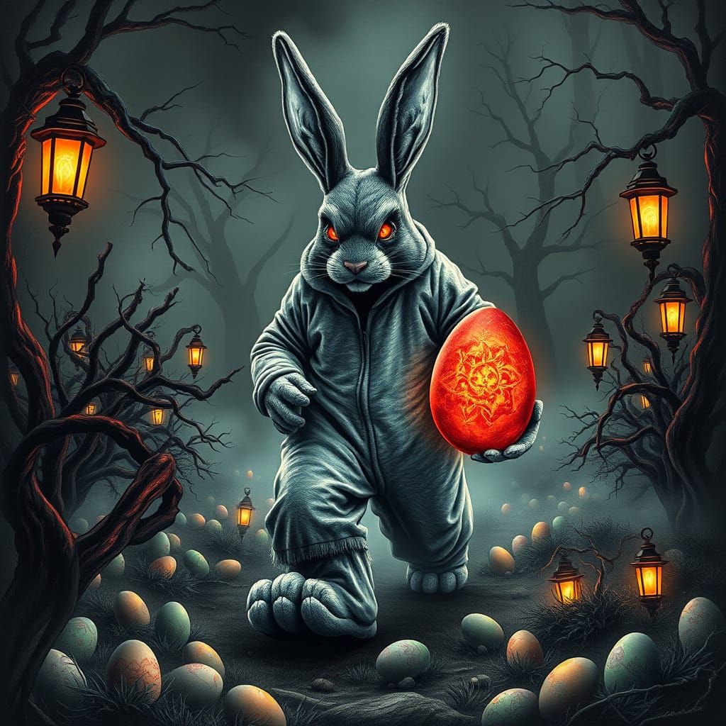 Grim Easter Bunny in a Haunting, Surreal Garden Sc... - AI Art