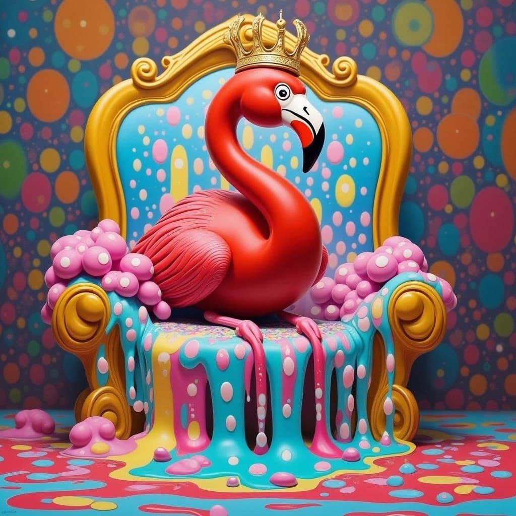 Flamingo King on Ice Cream Throne in Splash Art - AI Art