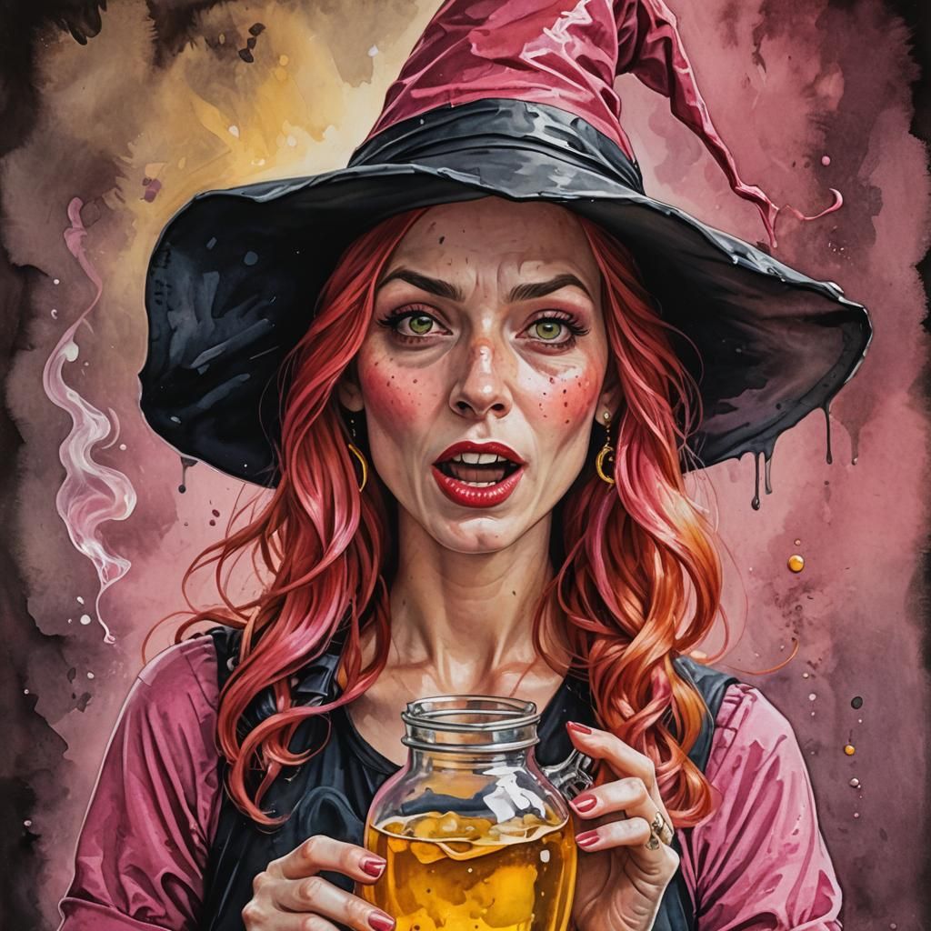 Friendly witch with the open flask of potion it's bubbling... - AI ...