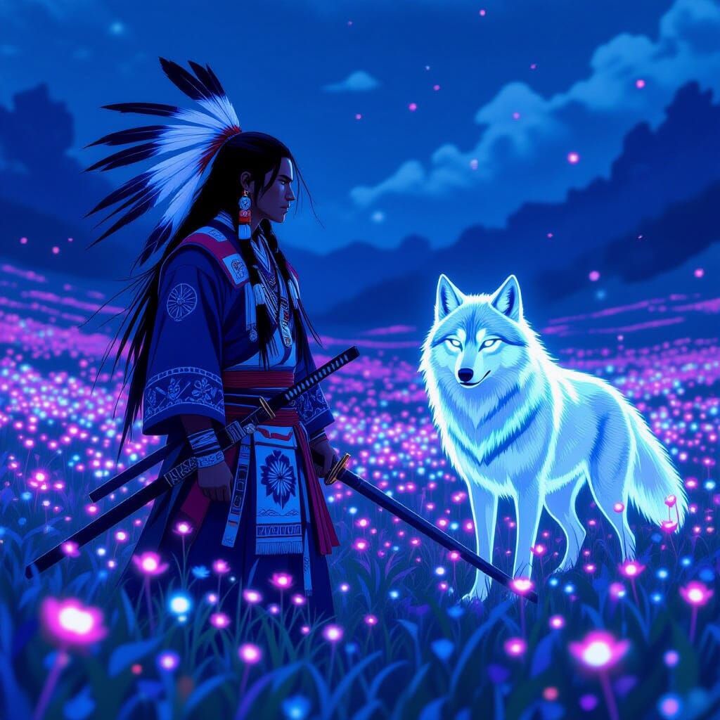 Apache Warrior and Spirit Wolf in Bioluminescent F... - AI Art