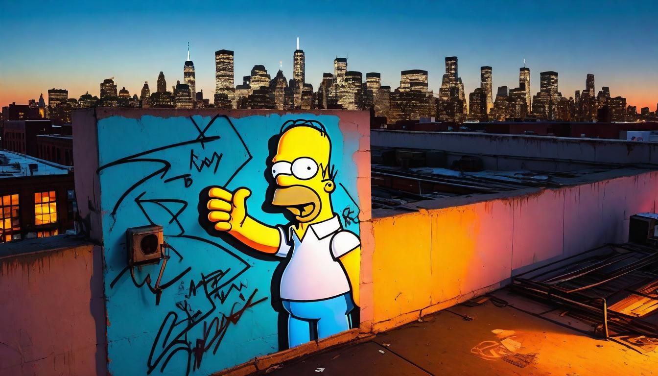 Neon Graffiti of a Simpsons Character at a wall in one of Brooklyn roof ...