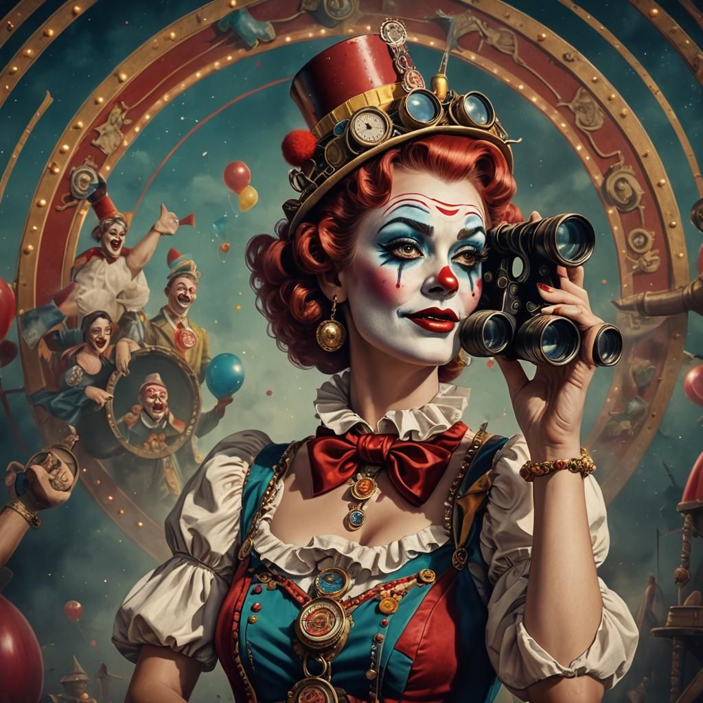 a vintage pinup woman circus clown looking for a circus with binoculars ...