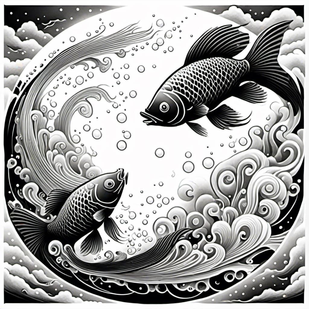 a black and white painting of a fish, an ink drawing, inspired by Wu ...