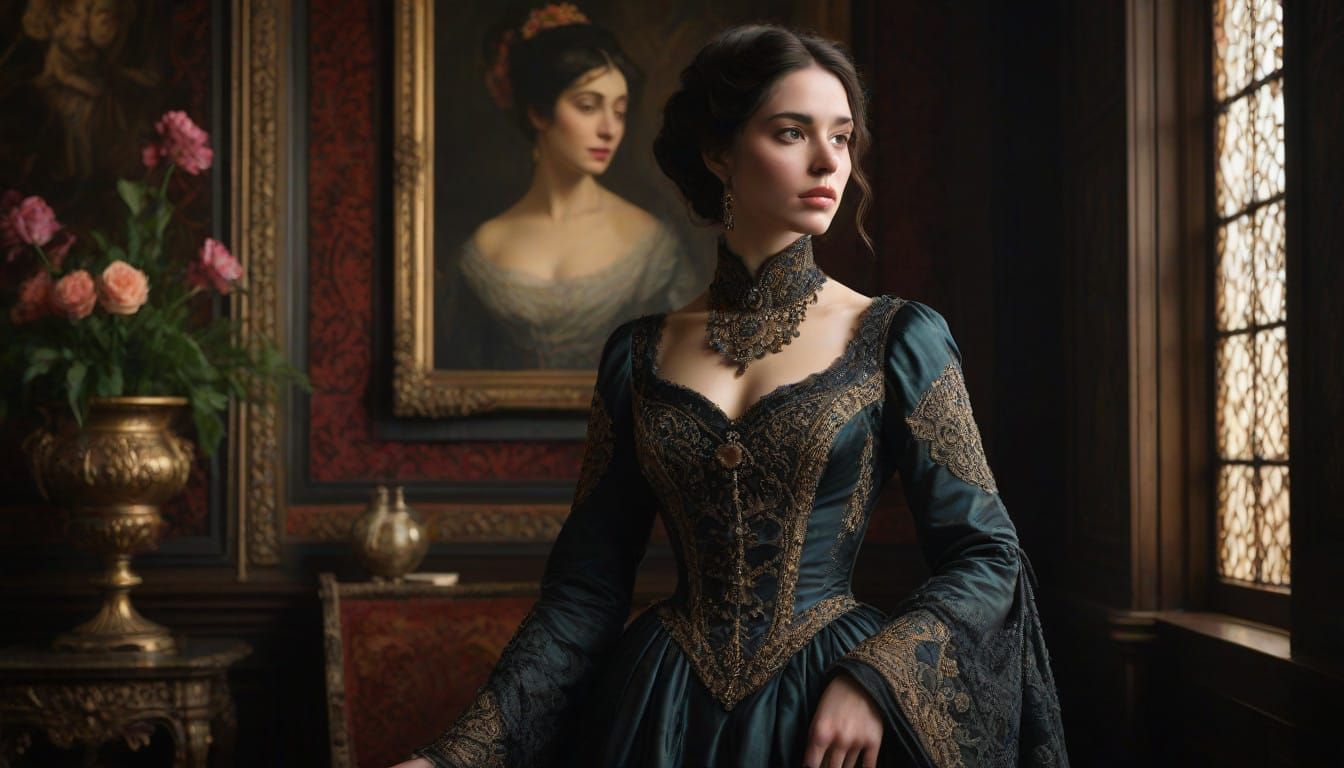 Regal Victorian Noblewoman with Amazonian Companio... - AI Art