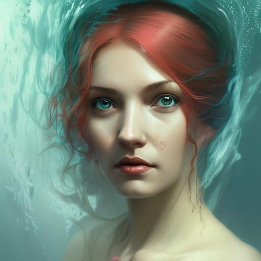 Gorgeous coral colored hair lady sinking to the bottom of the sea in a ...
