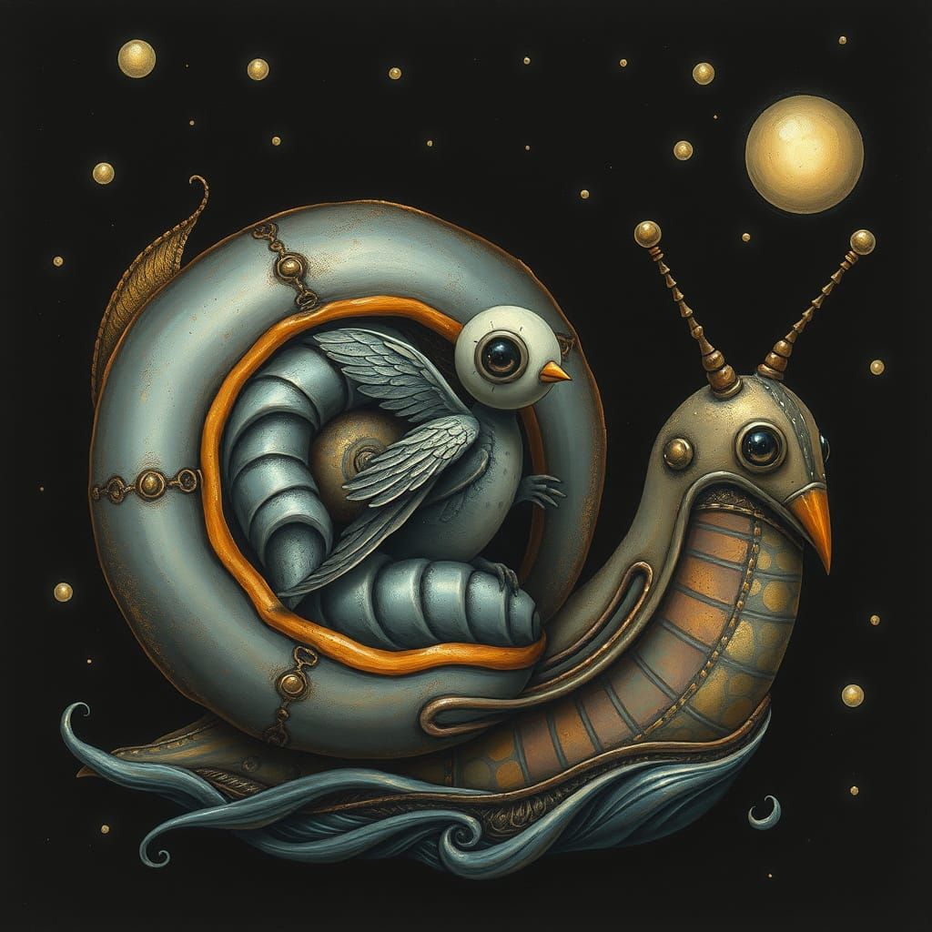 Surreal Robot Bird in Whimsical Victorian Shell - AI Art