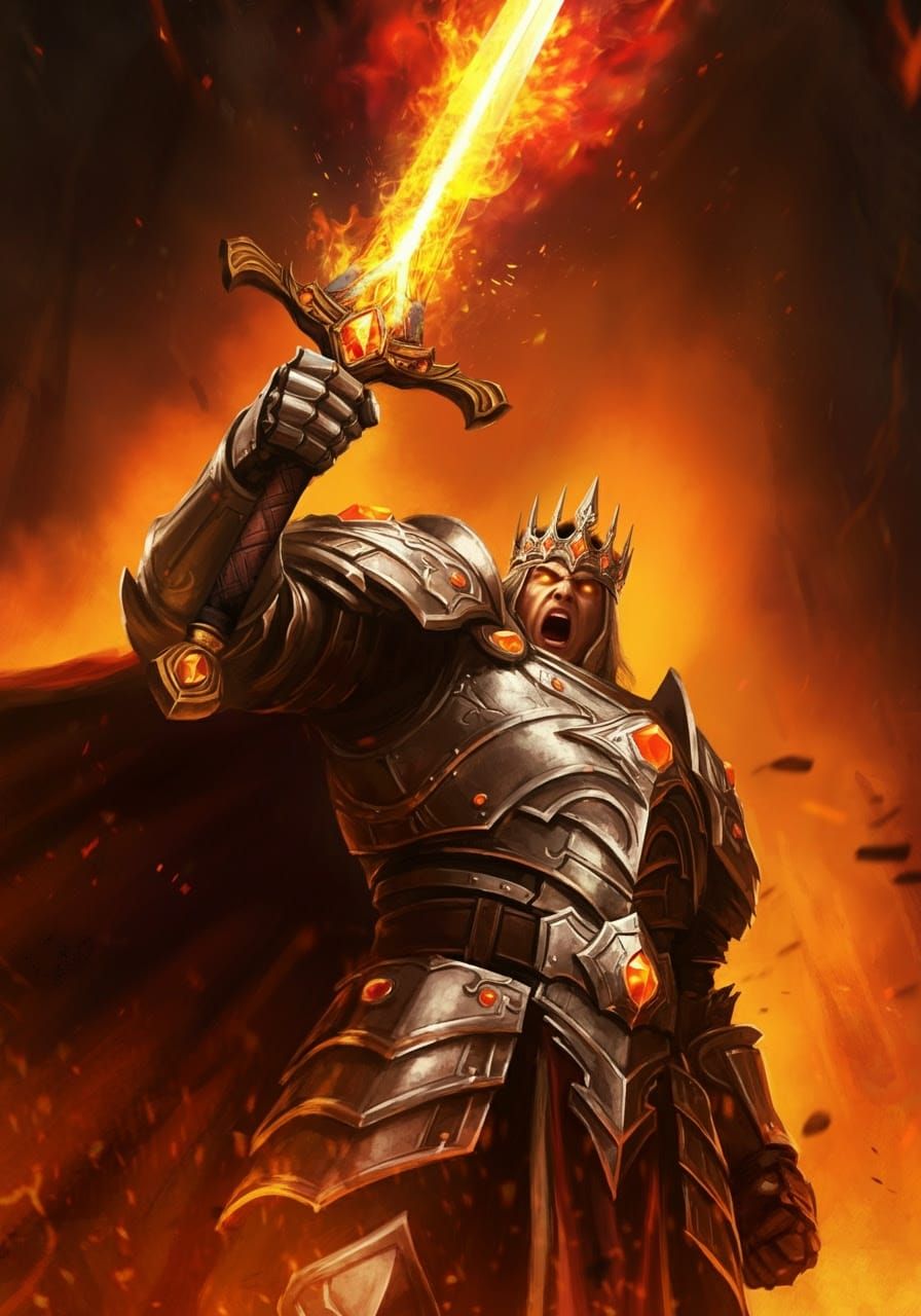Heroic Warrior in Fiery Armor, Sword Raised High - AI Art
