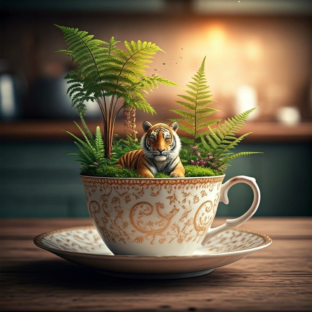 Miniature Tiger in Antique Teacup, Indian Jungle F... - AI Art