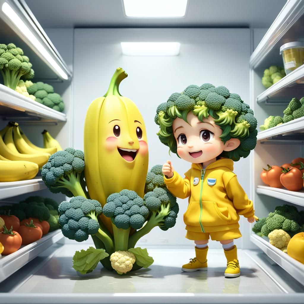 A very happy Chibi banana talking to a very sadChibi Cauliflower who is half Chibi broccoli in ...