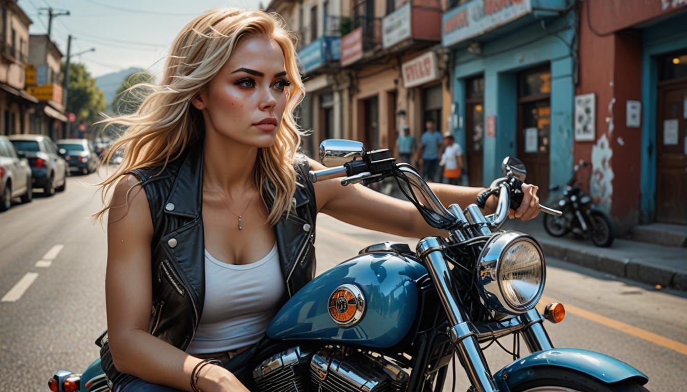 Una joven y Rubia Carmen Elektra en moto.