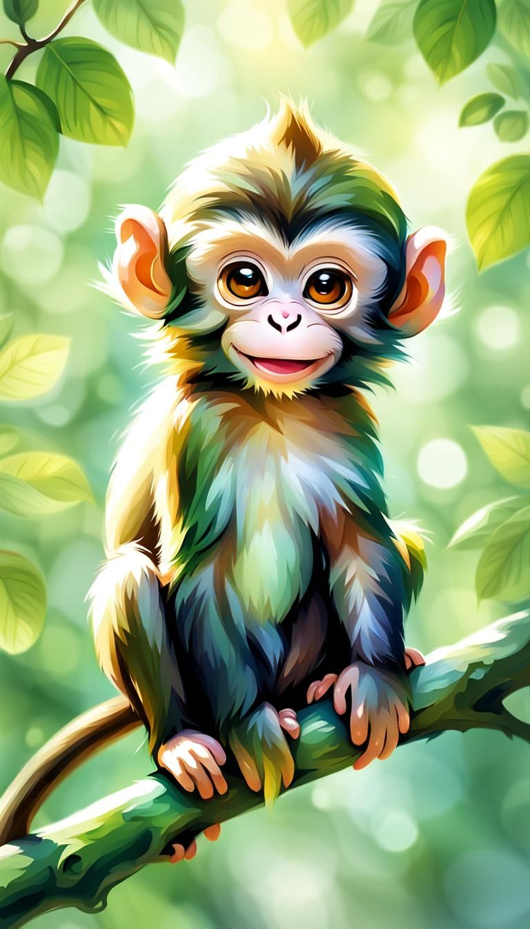Chibi-style baby monkey, fluffy texture, perched on a branch, large ...