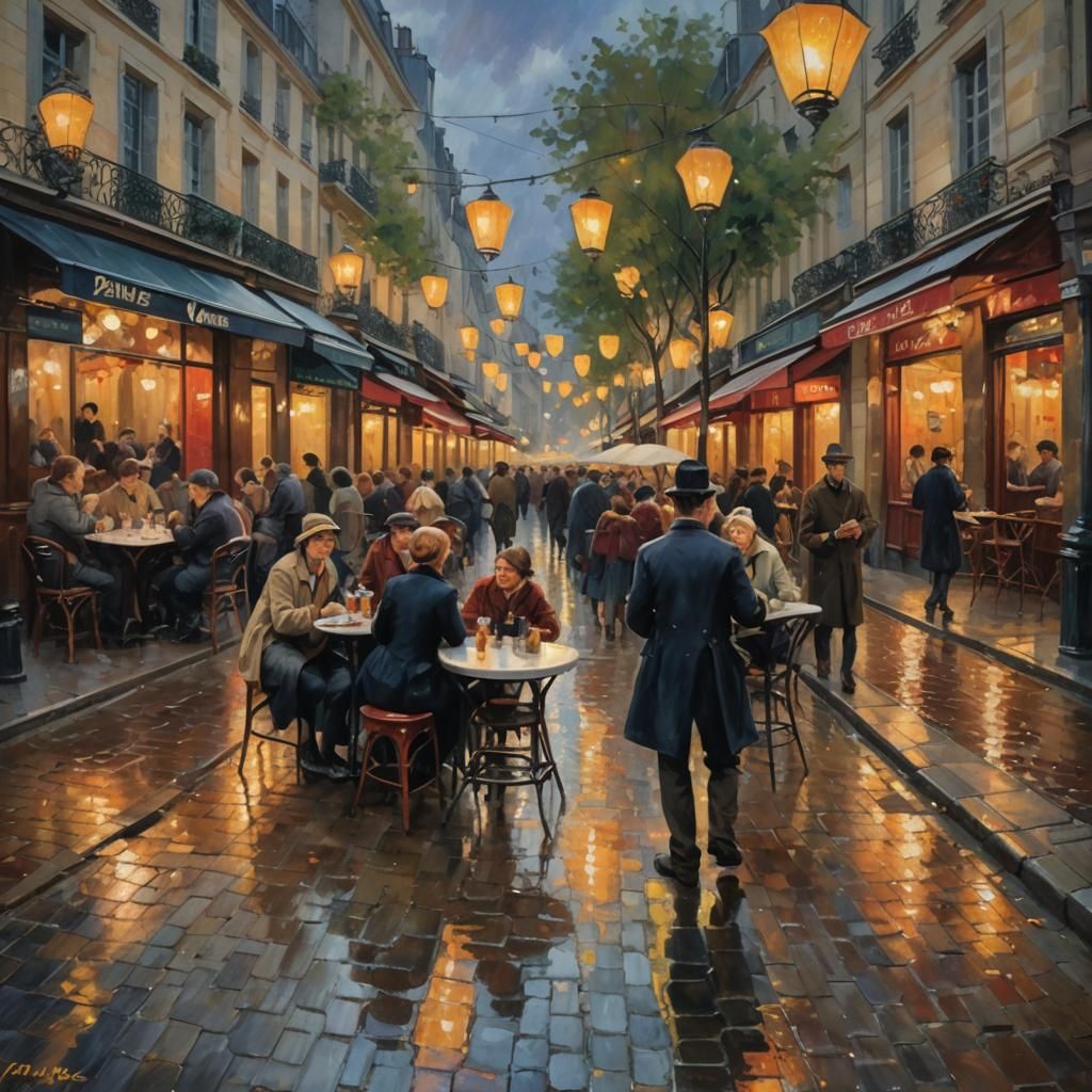a bustling Parisian street cafe scene at dusk. People laughing ...
