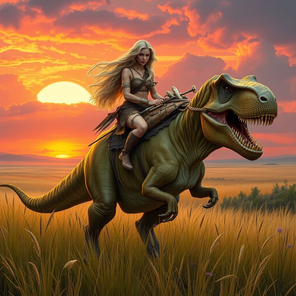 Dinosaurs - Warrior Woman Rides Tyrannosaurus Rex in Sunset ...