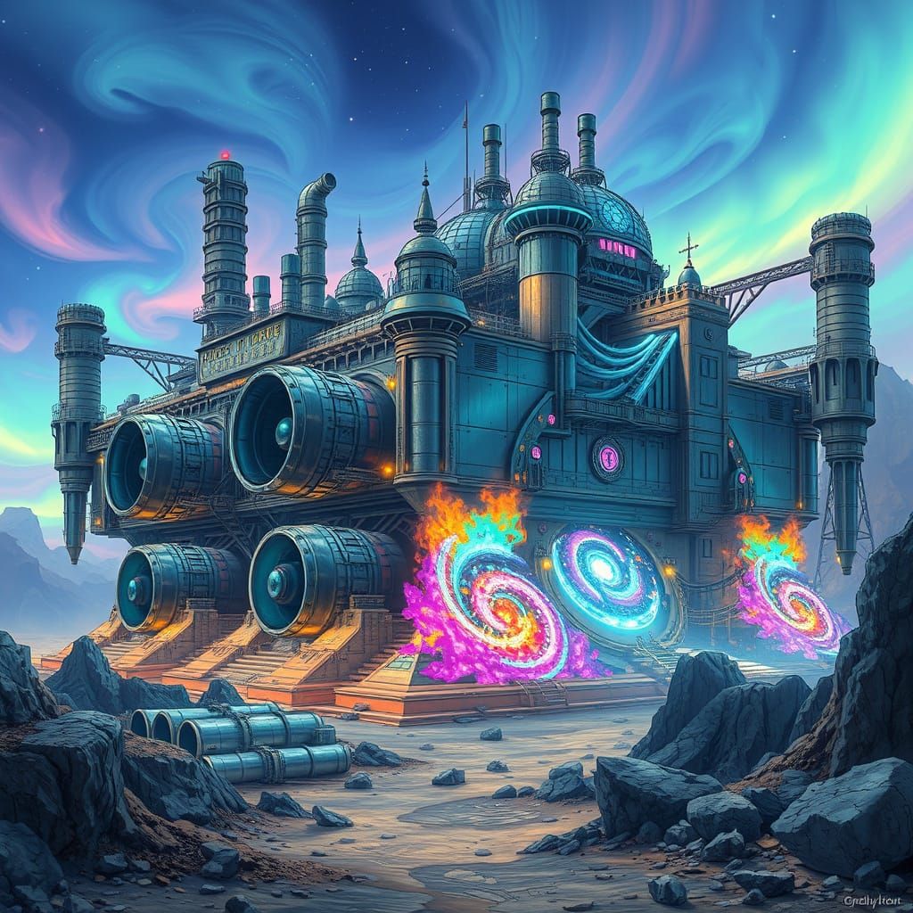 Post-Apocalyptic Industrial Spaceship in Vibrant, ... - AI Art