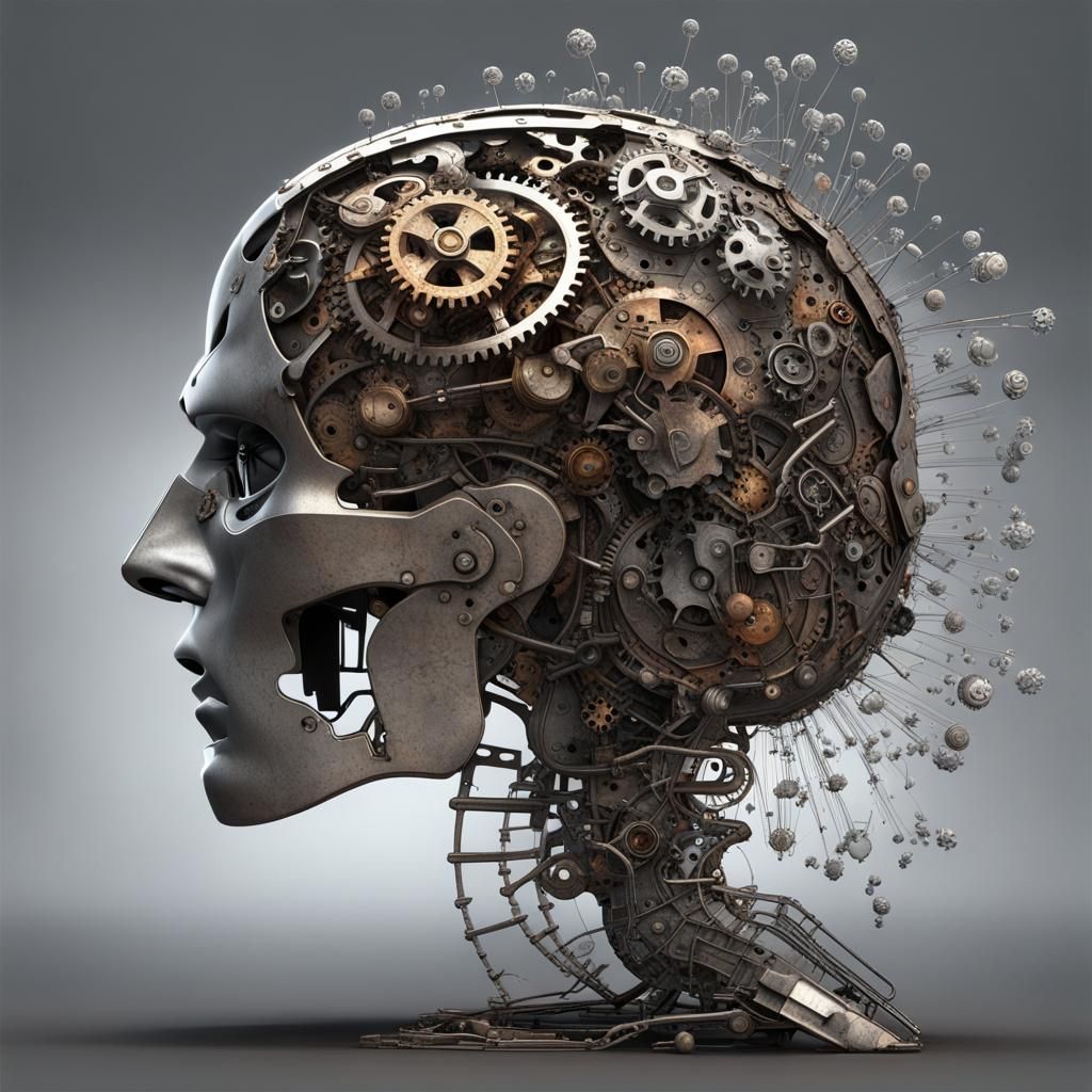 Scrap metal brain Schematic , cogs and shattered glass, obsolete ...