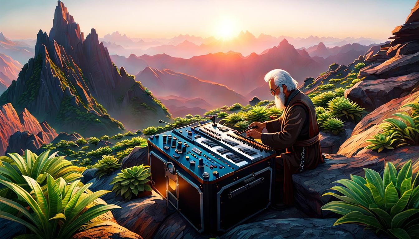 Magnificent sunrise over the mountains, old man playing incredible sci ...