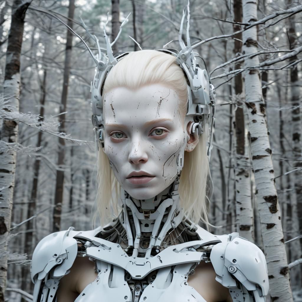 Biopunk close up portrait of an albino robot woman in an apocalyptic ...