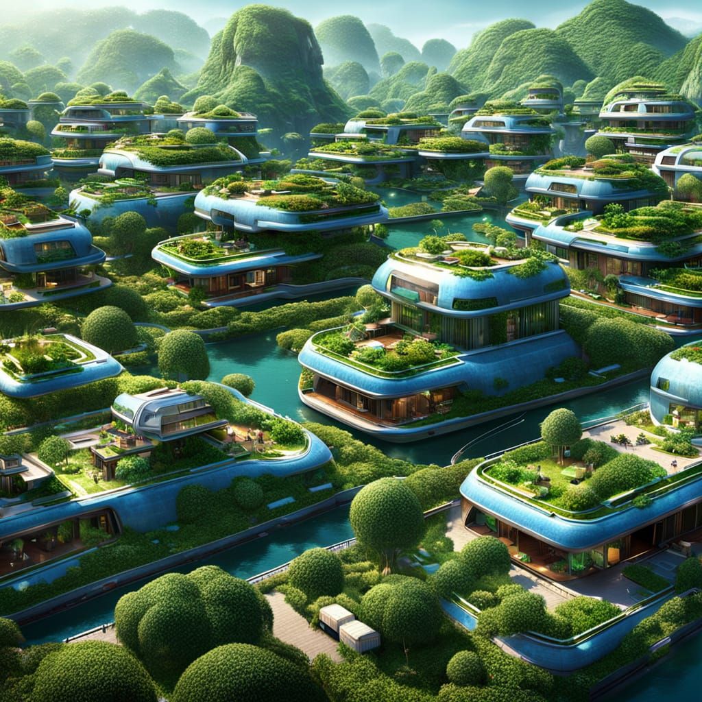 Epic Green Utopia with Floating Villages and Clean... - AI Art