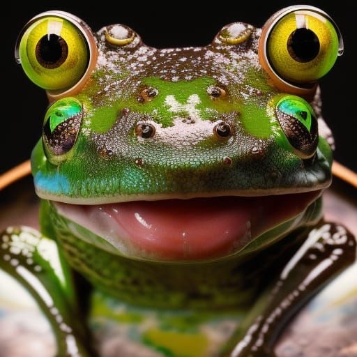 Horribly ugly frog with multiple eyes cute smile wet doe-eyes, slime, highlydetailed mixed ...