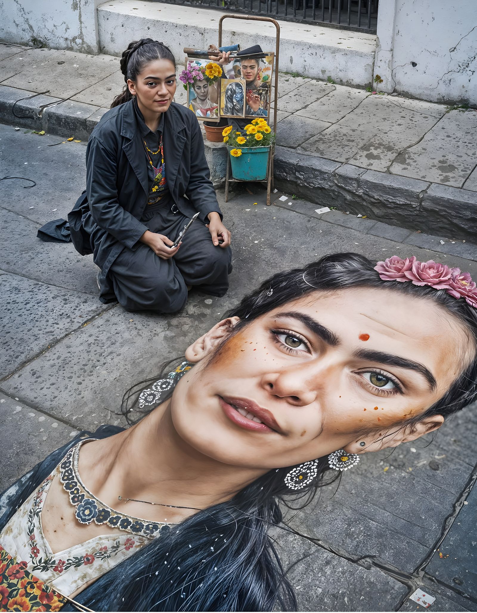 Frida Kahlo as a street painter - Frida Kahlo Enlivens Stree...