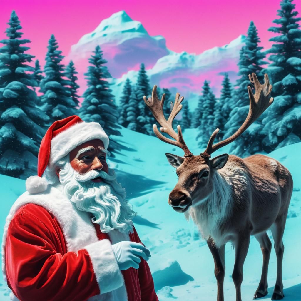 Santa Claus - Cyberpunk Santa Claus Radiates in Holographic...