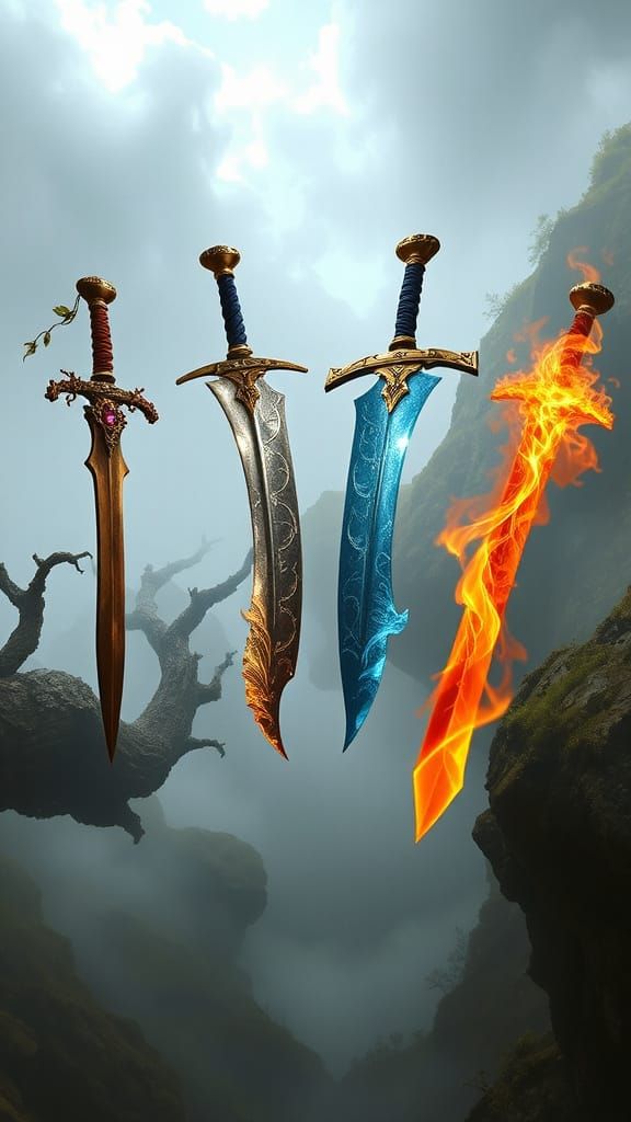 Four Elemental Swords Hover in Ethereal Misty Atmo... - AI Art
